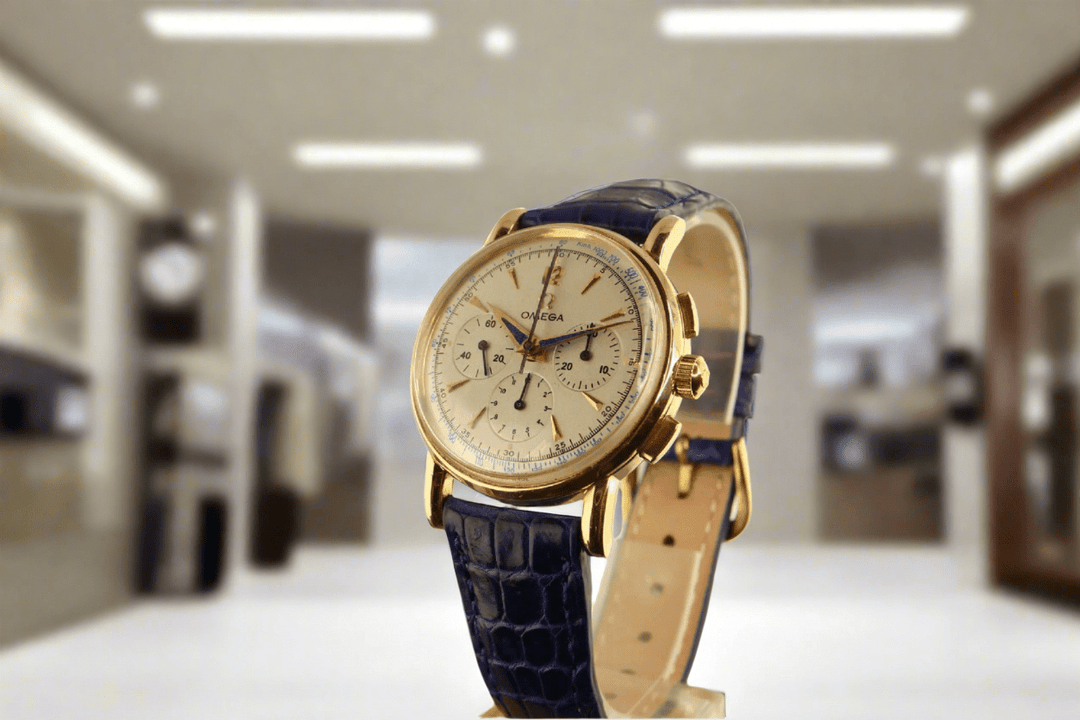1949 Vintage Omega 2439 Chronograph 14K Gold Cal 321 Box Blue Art Deco ...