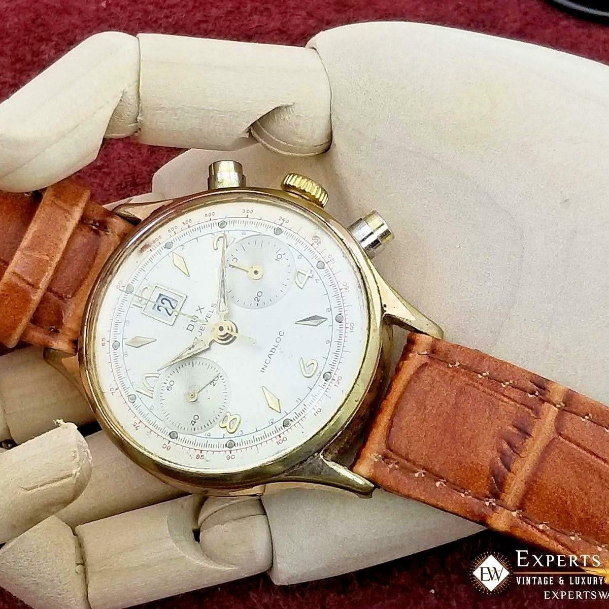 Vintage DUX Chronograph Landeron 189 Gold Color Watch Military Roulett ...