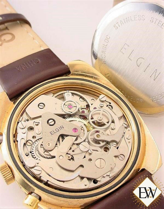 Serviced Vintage 1960's ELGIN Chronograph Valjoux 7733 Gold Plate Panda ...