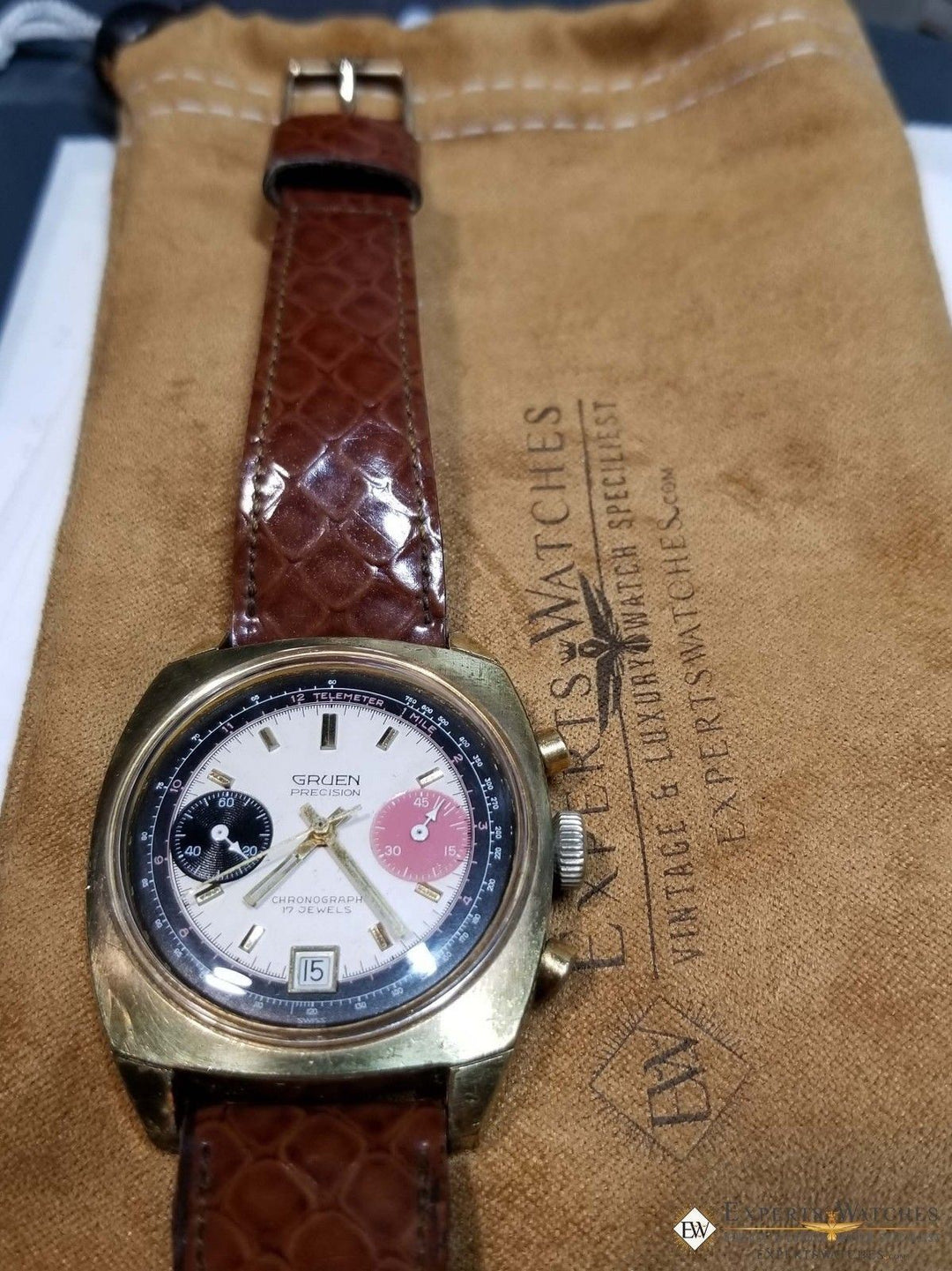 Vintage GRUEN Valjoux 7734 Gold Plate Chronograph Watch Raspberry Pand ...
