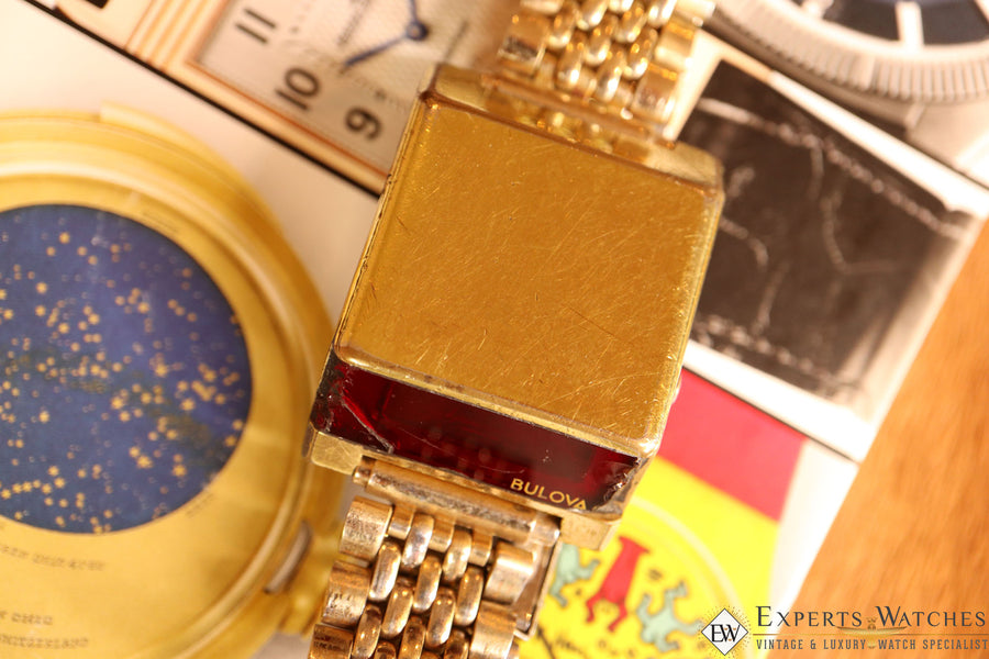 Vintage Rare 1976 Bulova COMPUTRON N7 Red LED Digital Gold Tone Cell ...