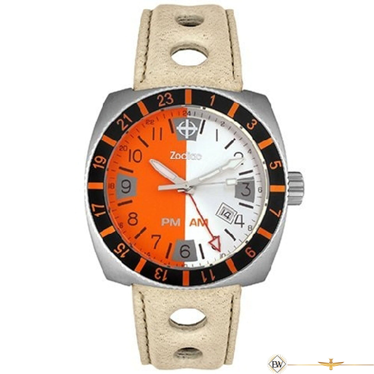 Vintage Style Zodiac V-Sport Swiss Watch ZO2100 GMT AM/PM Orange Silve ...